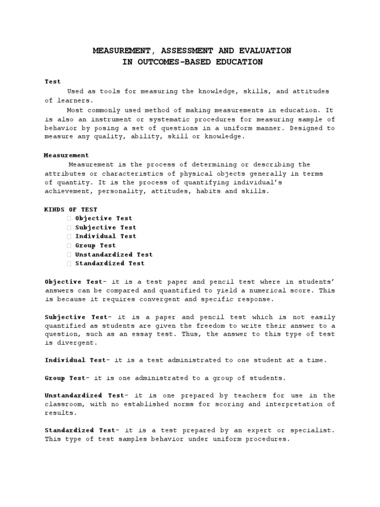 Measurement, Assessment and Evaluation in Outcomes-Based Education ...
