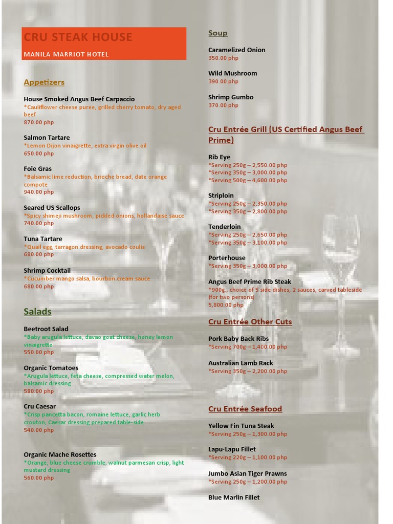Cru Steak House: Appetizers | PDF | Salad | Steak