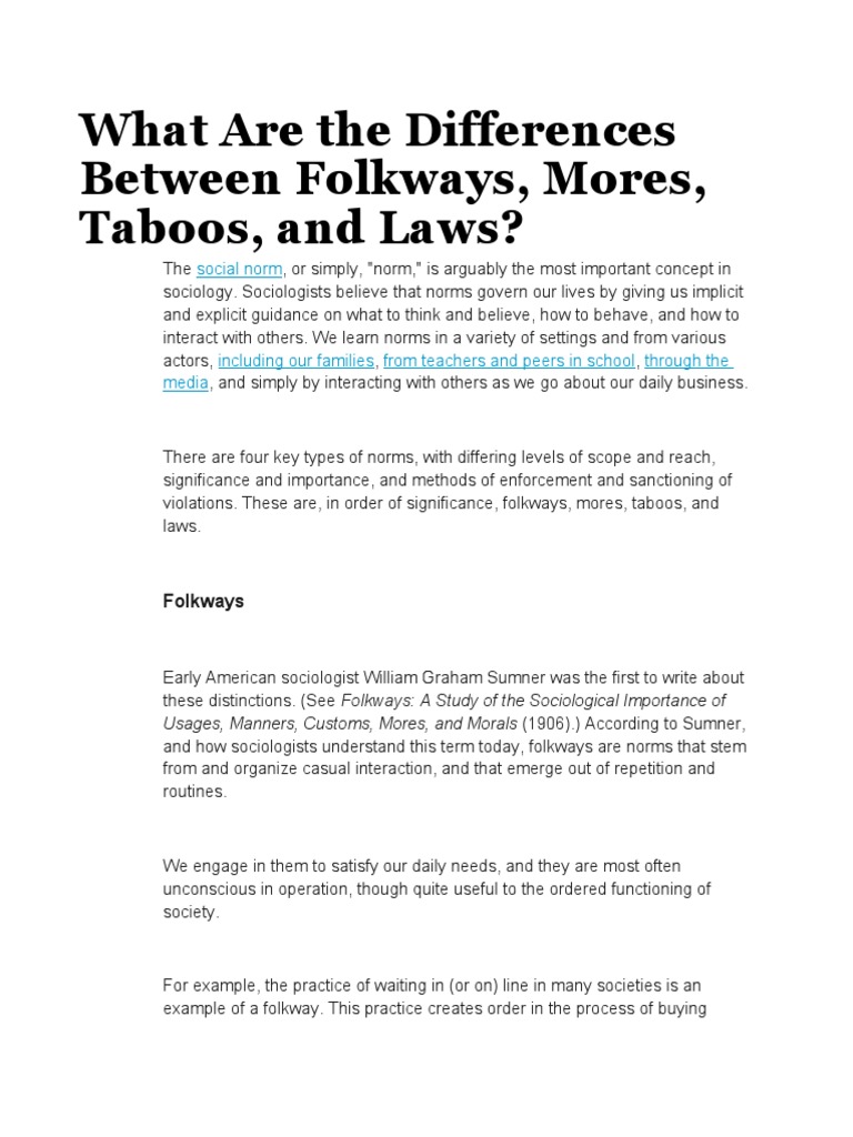 What Are The Differences Between Folkways, Mores, Taboos, and Laws ...