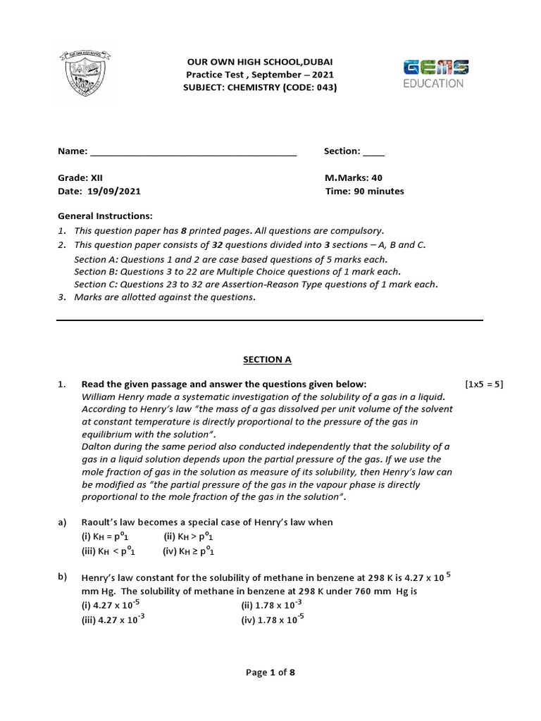 Practice Test-Qp-Chemistry-Grade-12 | PDF | Solution | Solubility