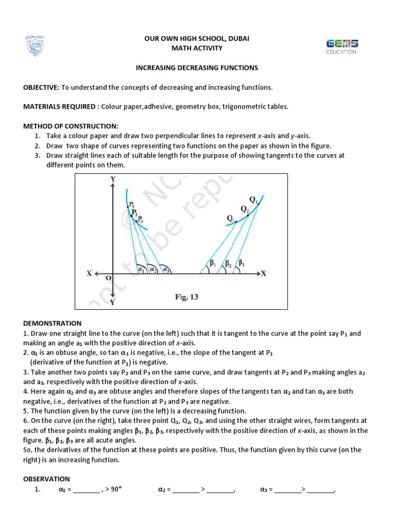 CBSE Activity-5 Increasing Decreasing Functions | PDF
