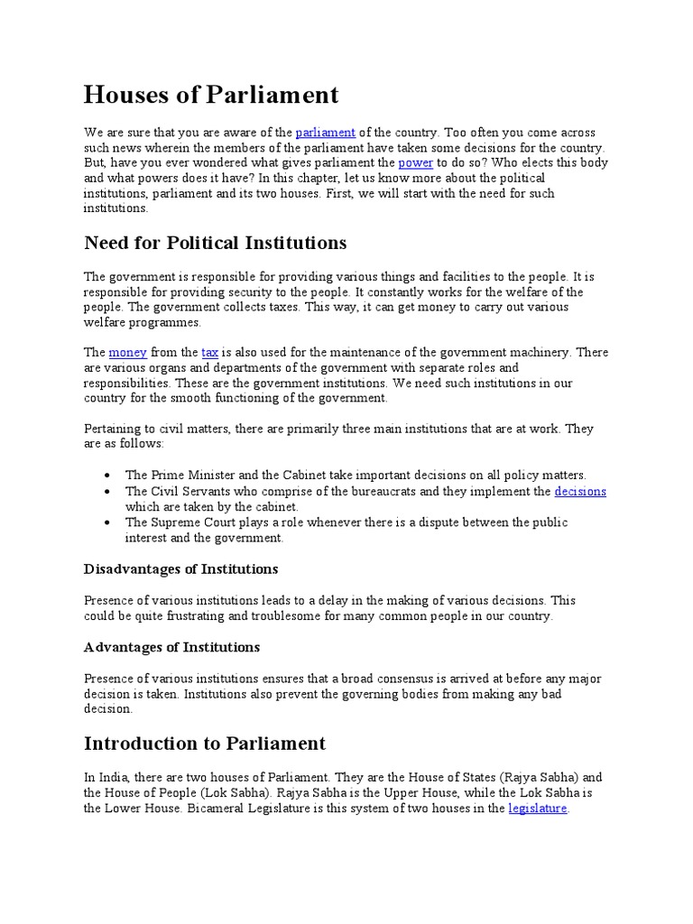 Notes On Union Parliament | PDF | Government Of India | Public Law