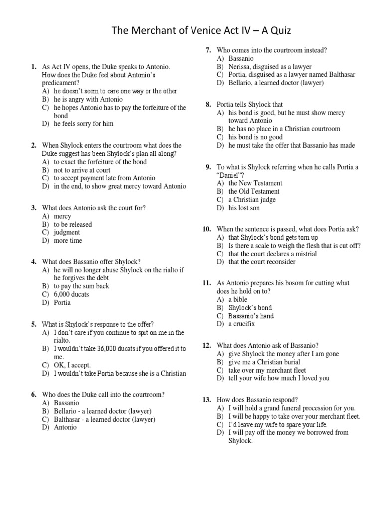 Merchant of Venice Act IV Quiz | PDF | The Merchant Of Venice | British ...