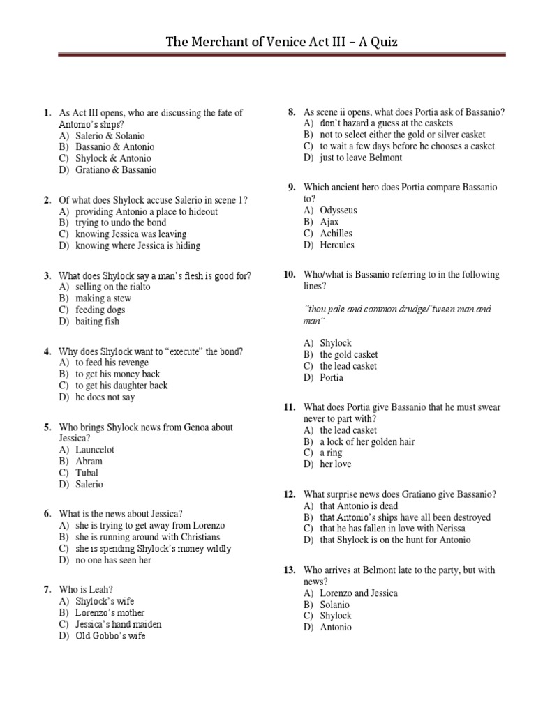 The Merchant of Venice Act I I I Quiz | PDF | The Merchant Of Venice ...