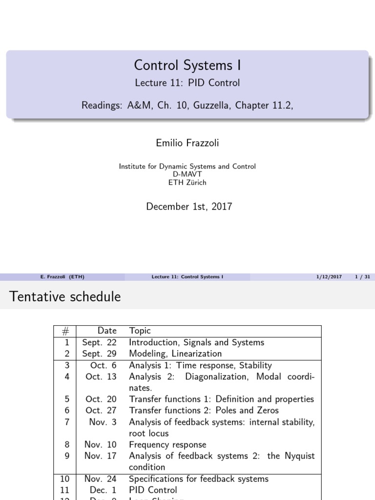 Control Systems I: Lecture 11: PID Control Readings: A&M, Ch. 10, Guzzella, Chapter 11.2 | PDF ...