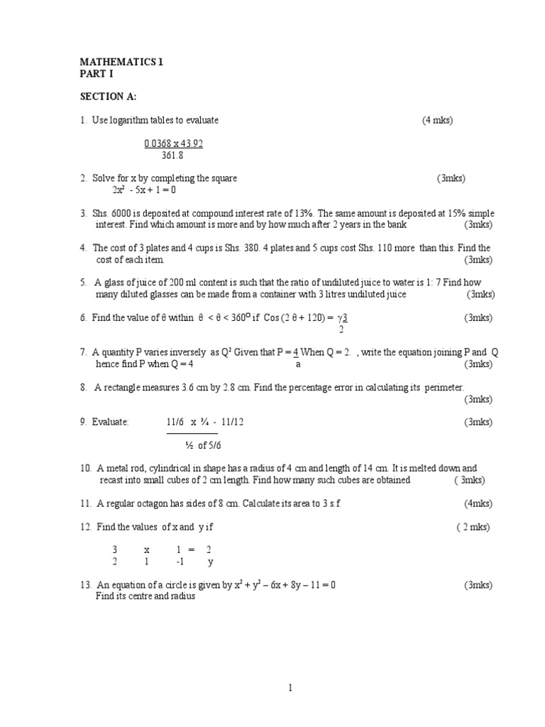 Mathematics Paper 1 Part 1 Questions & Answers O'level | PDF | Area ...