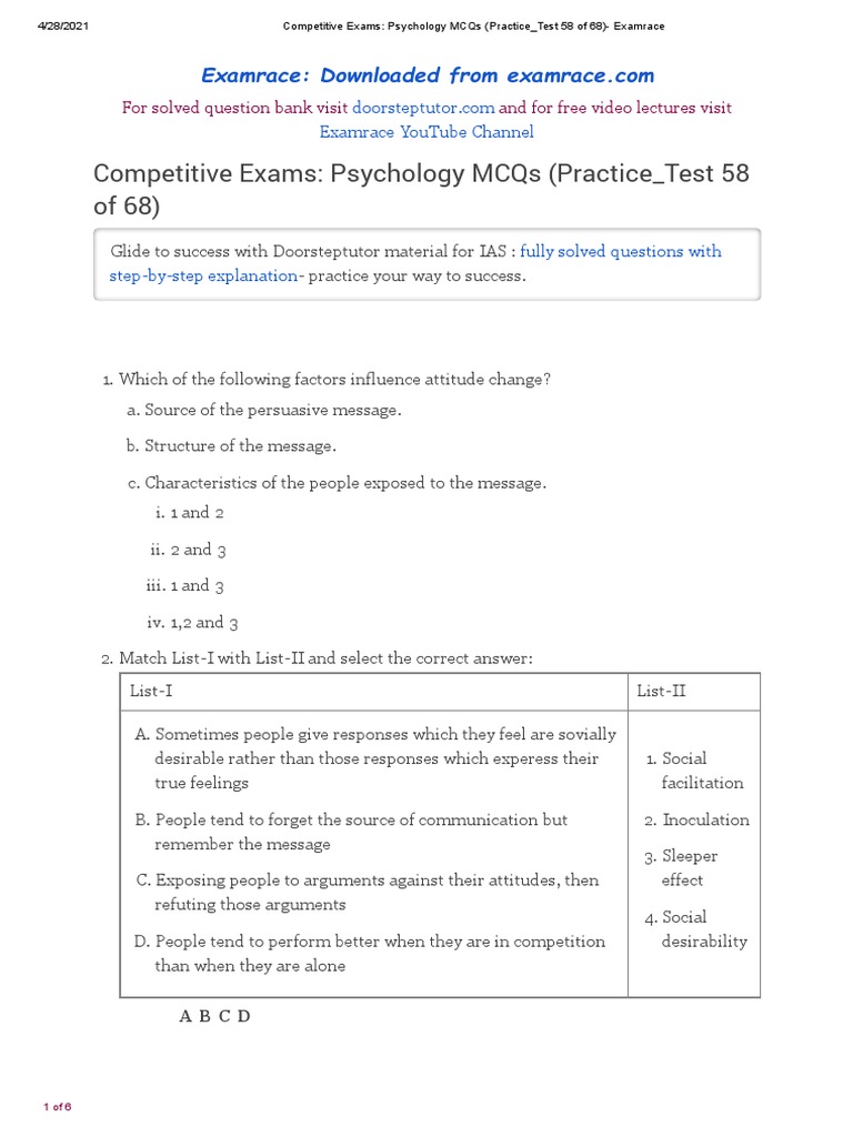 Psychology MCQs Practice Test 58 | PDF | Stress (Biology) | Psychology