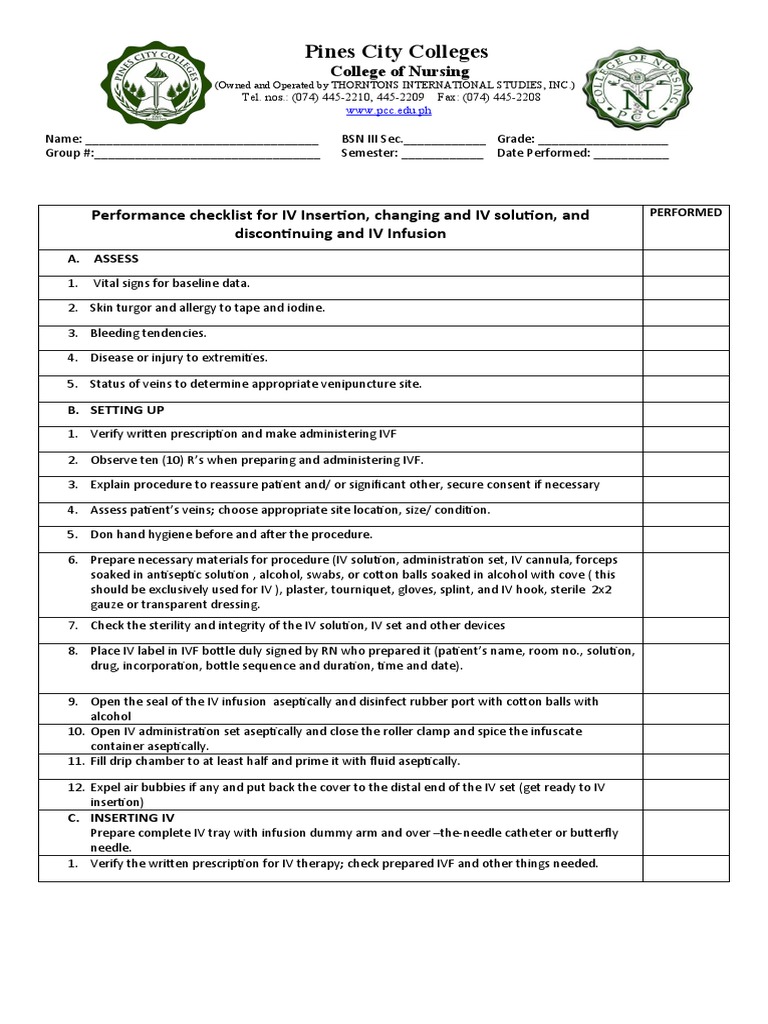 IVT P Checklist | PDF | Intravenous Therapy | Clinical Medicine