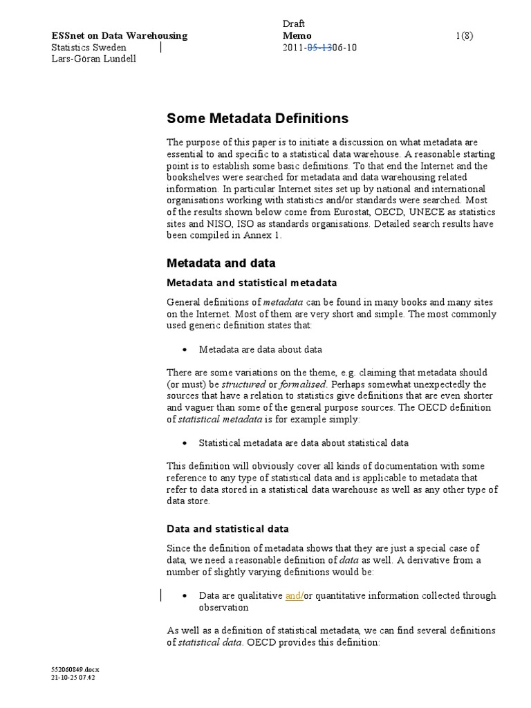 Metadata Definitions - V01 | PDF | Metadata | Data Warehouse