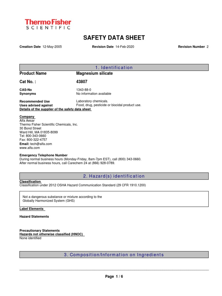 Safety Data Sheet: 1. Identification | PDF | Personal Protective ...