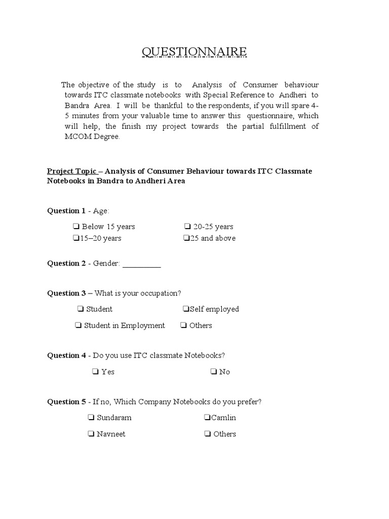 Questionnaire - Itc | PDF | Consumer Behaviour | Advertising