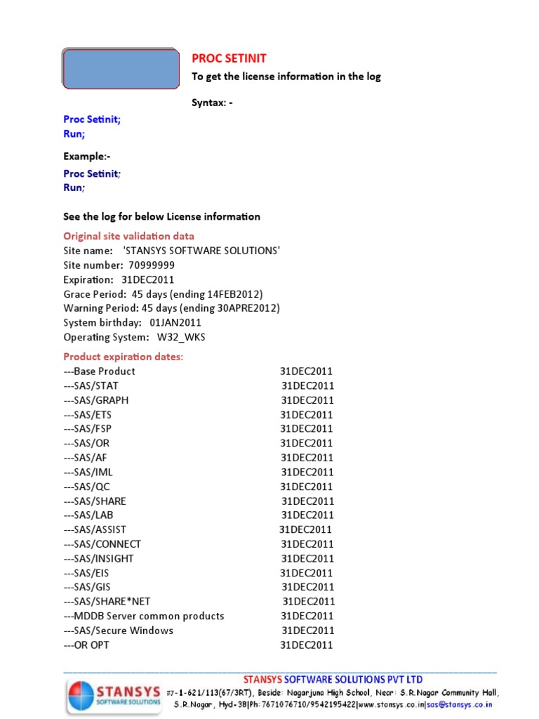 Proc - Setinit | PDF | Sas (Software) | Software Engineering