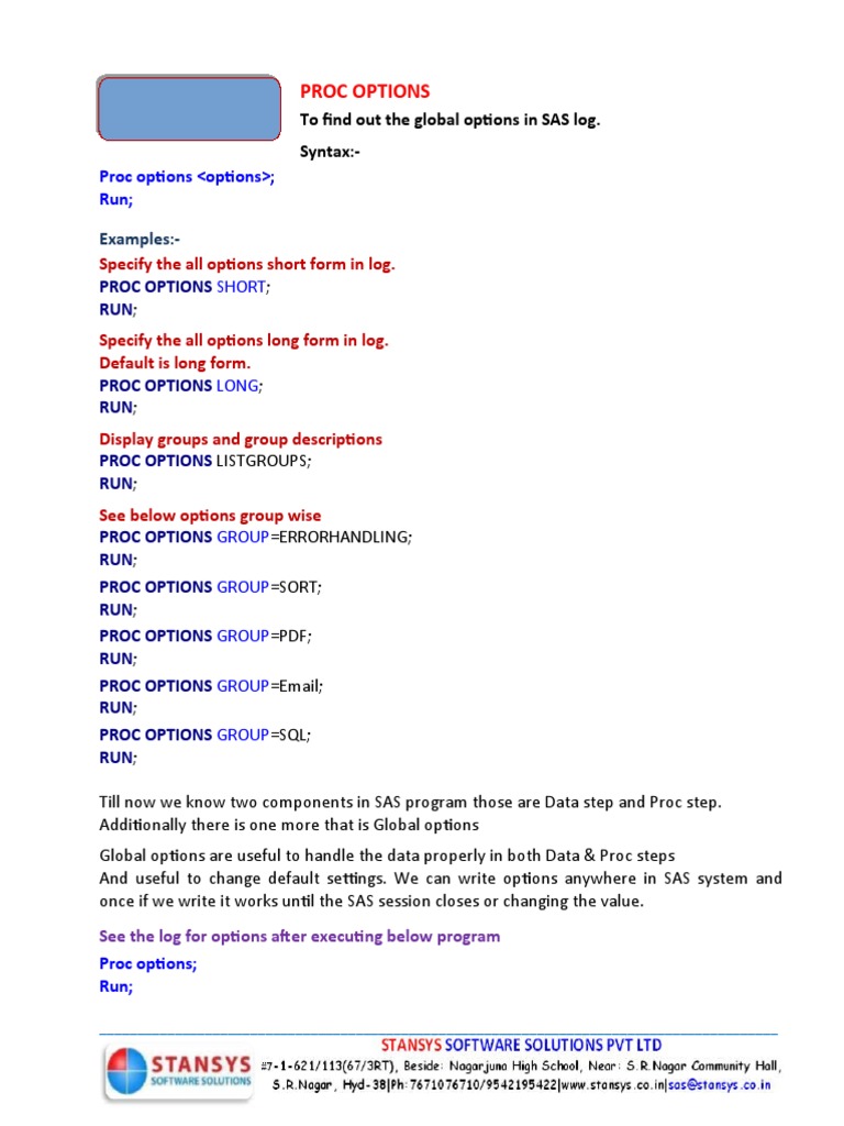 Proc - Optioins | PDF | Sas (Software) | Parameter (Computer Programming)
