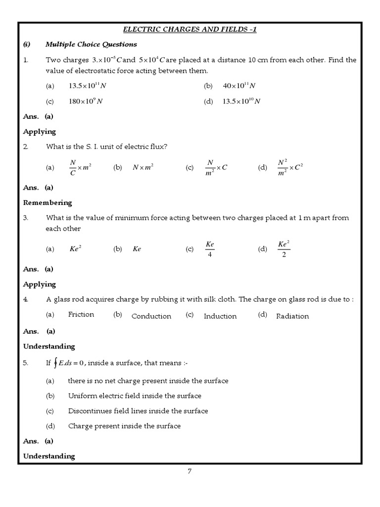 Ans. (A) Applying: Electric Charges and Fields - 1 (I) Multiple Choice Questions | PDF ...