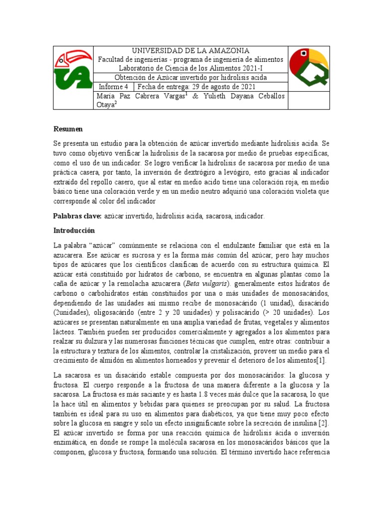 Informe Azucar Invertida Por Hidrolisis Acida | PDF | Sacarosa | Fructosa