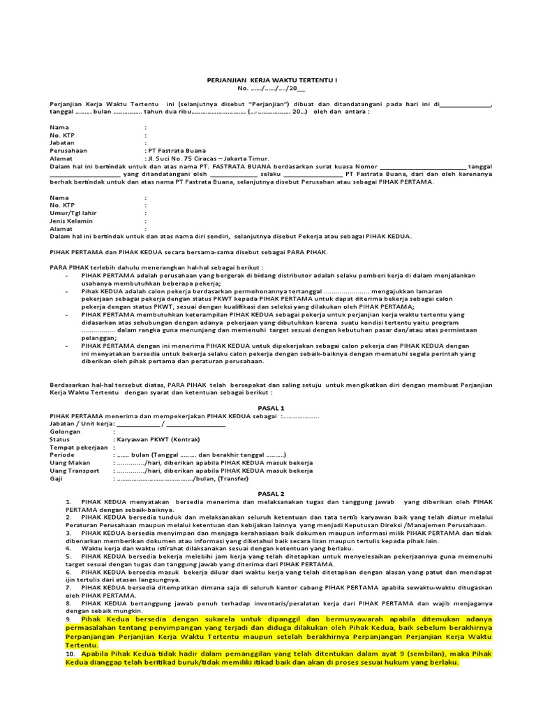 Draft PKWT Dan Perjanjian Bersama Untuk SPG | PDF