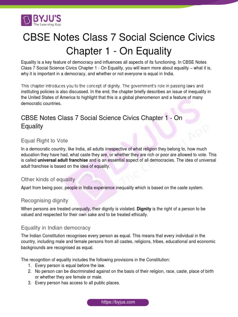 CBSE Notes Class 7 Social Science Civics Chapter 1 - On Equality | PDF ...