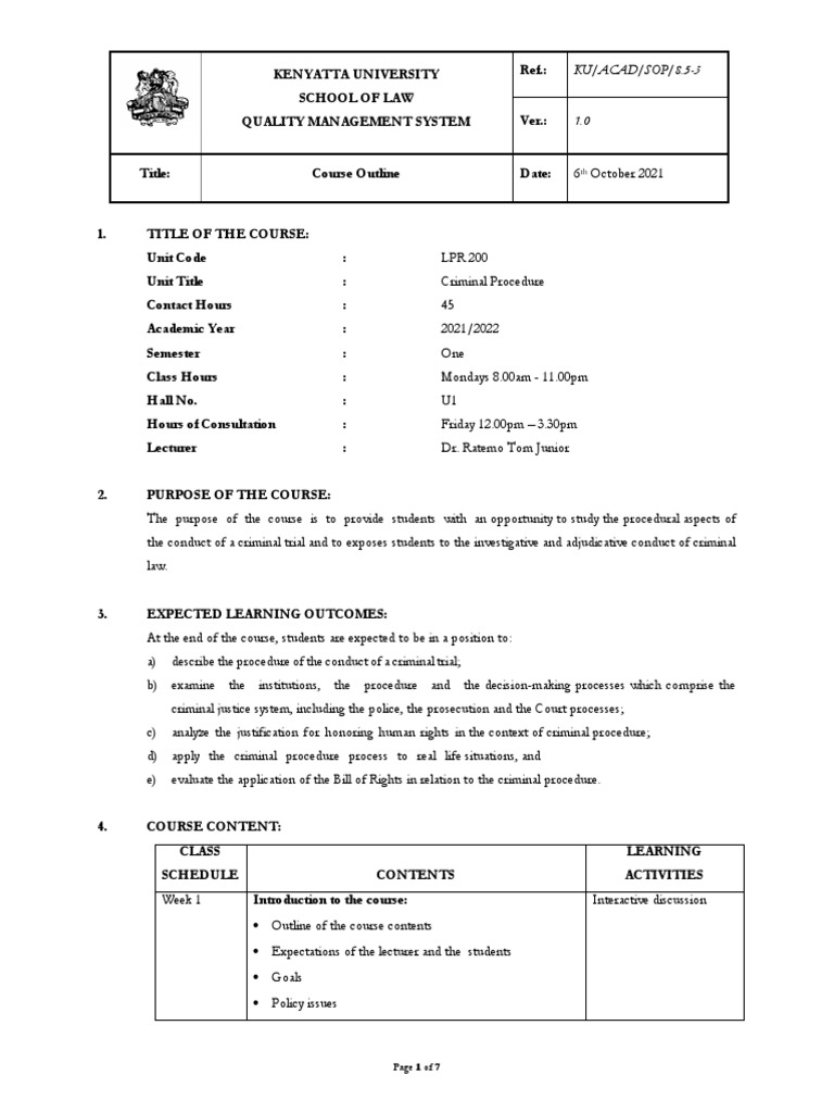 Course Outline | PDF | Plea | Arrest