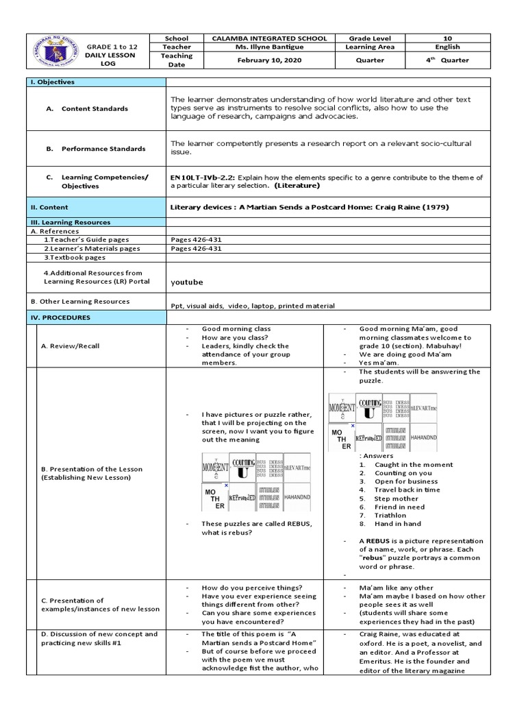 4th Quarter Outline DLL Final 111111 | PDF | Learning | Lesson Plan