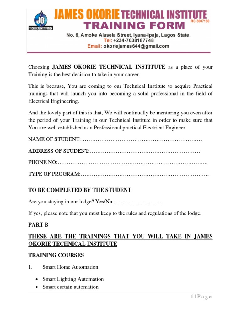 James Okorie Technical Institute Training Form | PDF | Home Automation ...