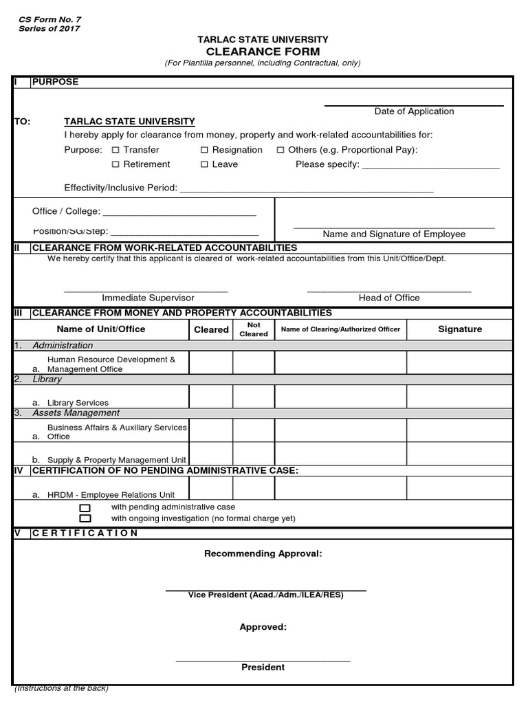 Clearance Form for Departing Tarlac State University Employees | PDF ...