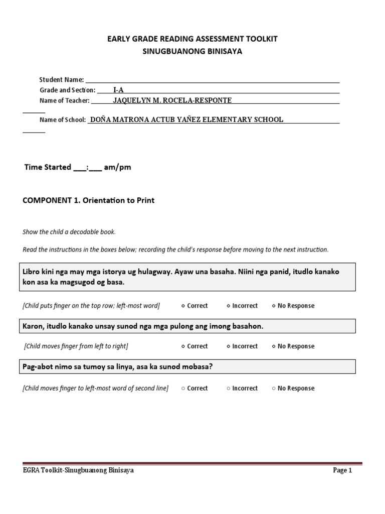 EGRA ERATA Cebuano Toolkit | PDF