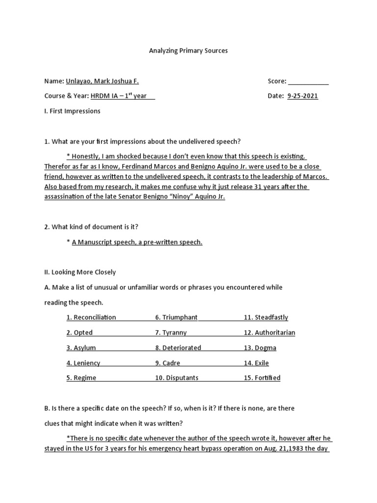 Analyzing Primary Sources Act2 (DONE) | PDF | Corazon Aquino