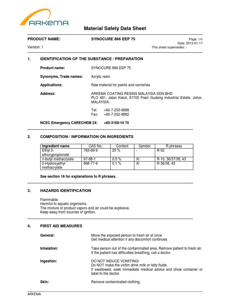 Synocure 866 Eep 75 - Msds | PDF | Dangerous Goods | Firefighting
