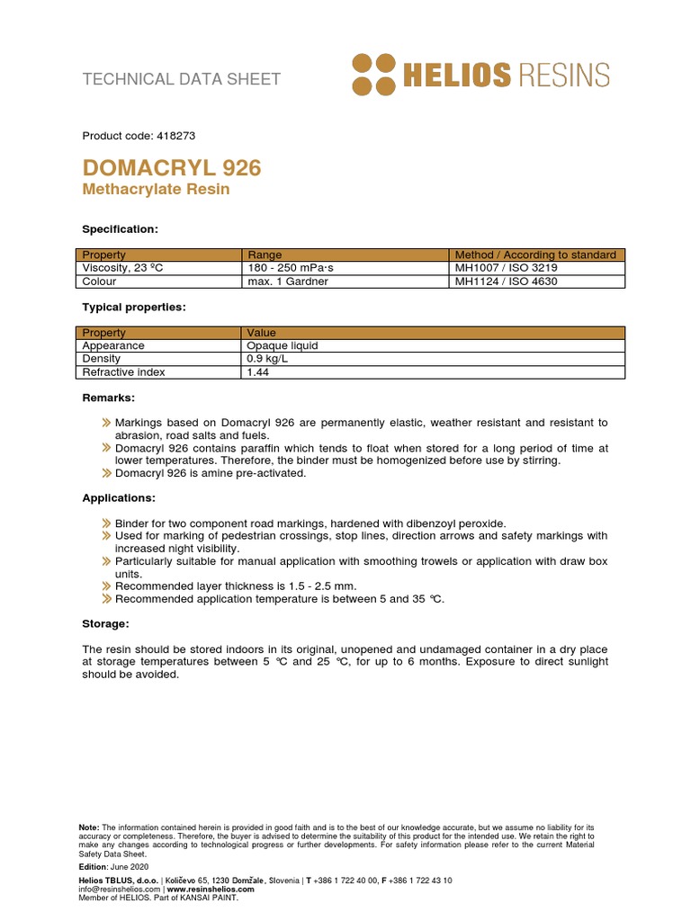 Domacryl 926: Methacrylate Resin | PDF | Viscosity | Materials