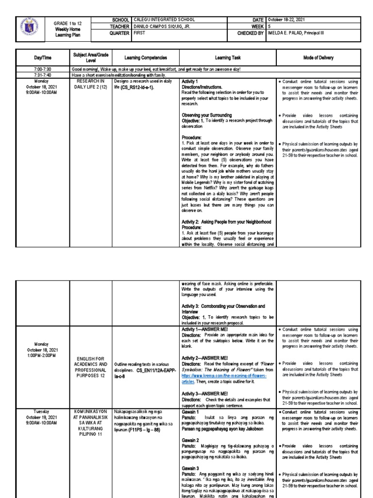 Weekly Home Learning Plan - Week 5 | Unduh gratis PDF | Nonverbal Communication | Learning