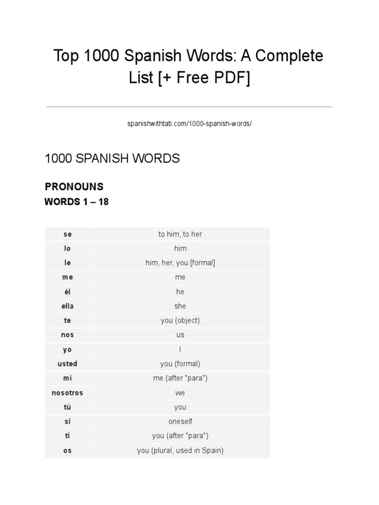 Top 1000 Spanish Words A Complete List Free PDF | PDF