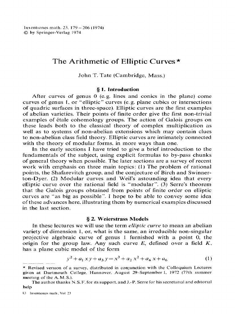 The Arithmetic of Elliptic Curves : W 1. Introduction | PDF | Field ...