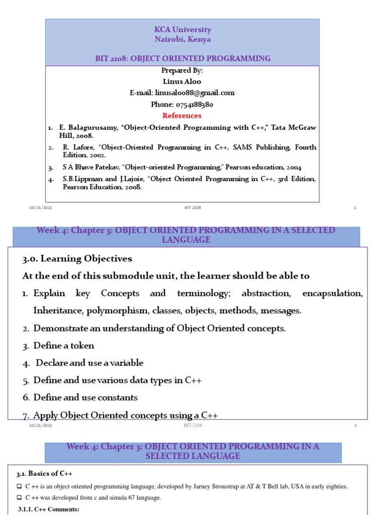 KCA University Nairobi, Kenya Bit 2108: Object Oriented Programming | PDF | C++ | Variable ...