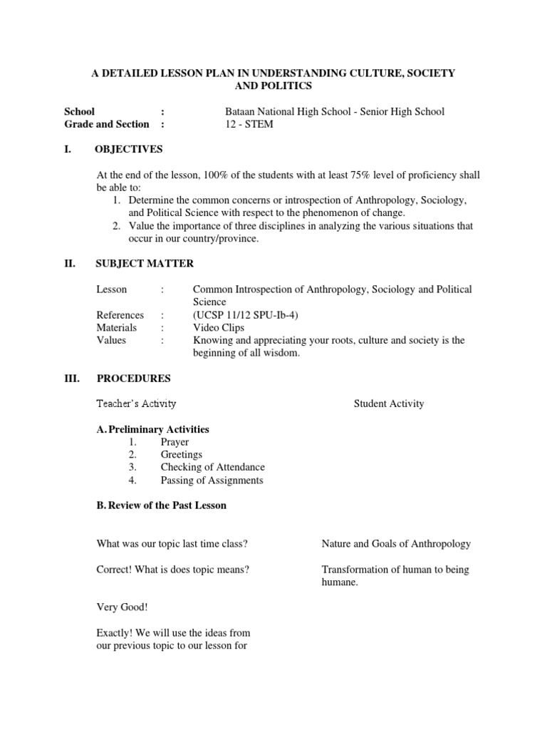 Sample Detailed Lesson Plan | PDF | Anthropology | Sociology
