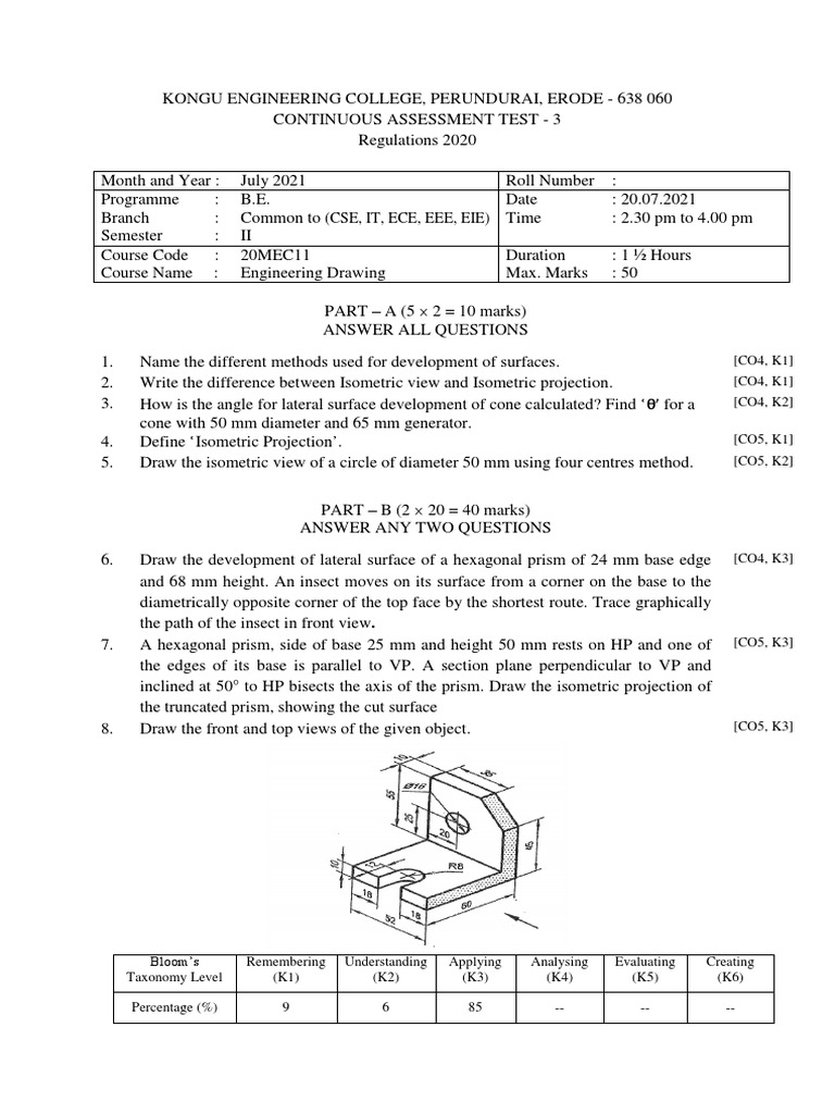Engineering Drawing Test Paper 2021 | PDF | Elementary Geometry | Geometry