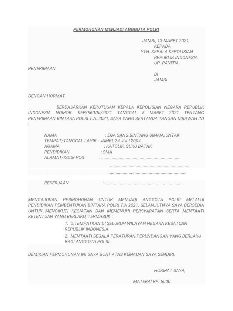 Permohonan Menjadi Anggota Polri | PDF