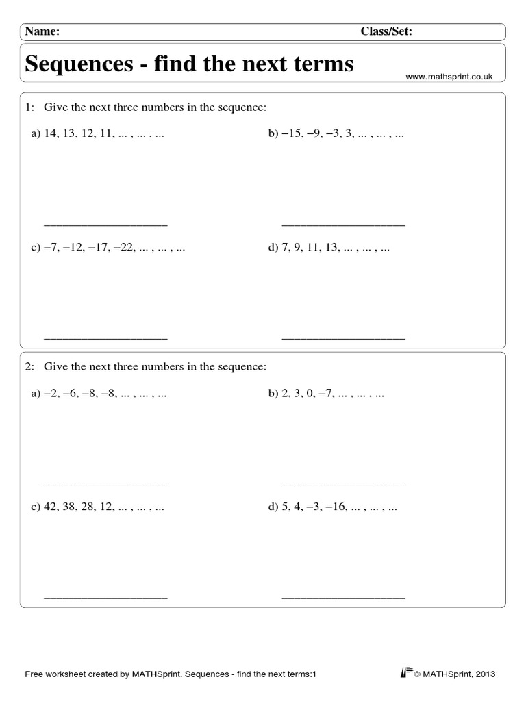 Sequences - Find The Next Terms: Name: Class/Set | PDF | Teaching ...