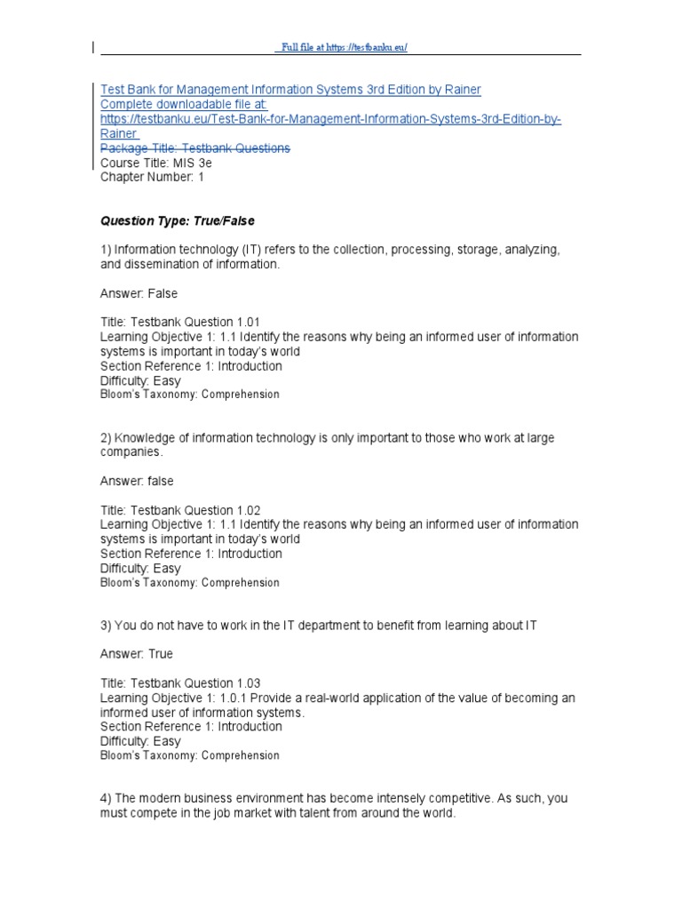 MIS Testbank Questions | PDF | Information System | Databases
