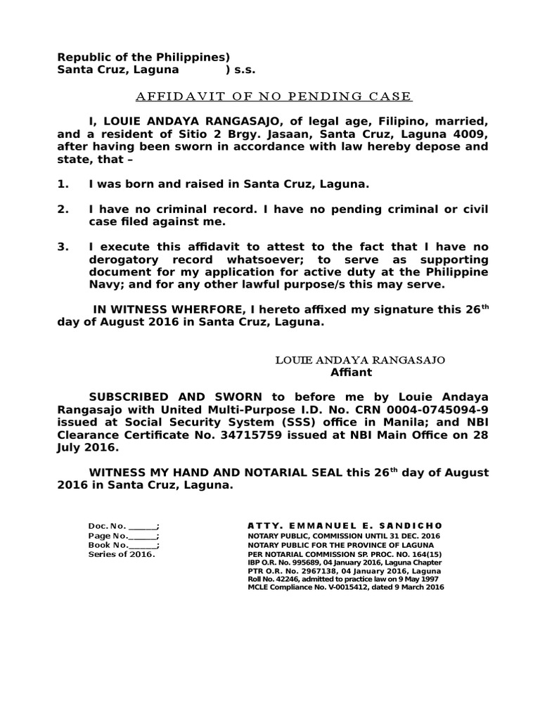 Affidavit of No Pending Case | PDF