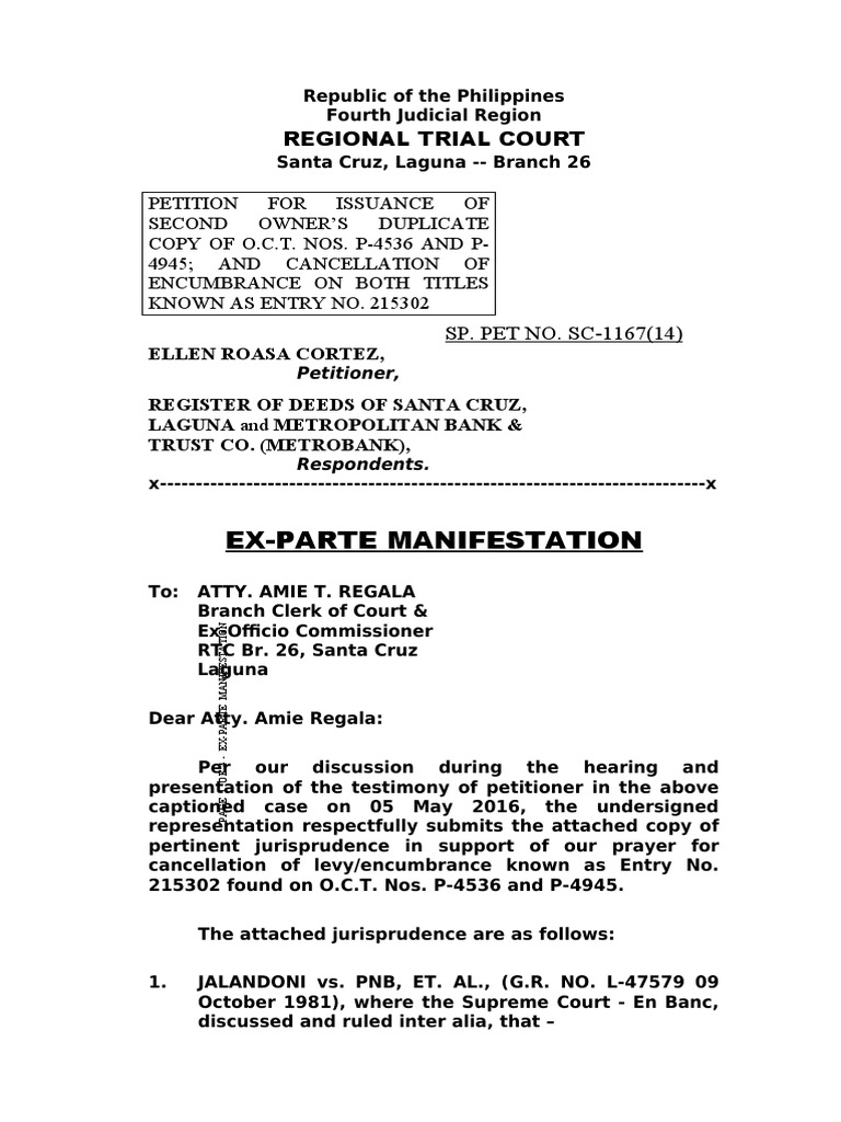 Ex-Parte Manifestation: Regional Trial Court | PDF | Judgment (Law ...