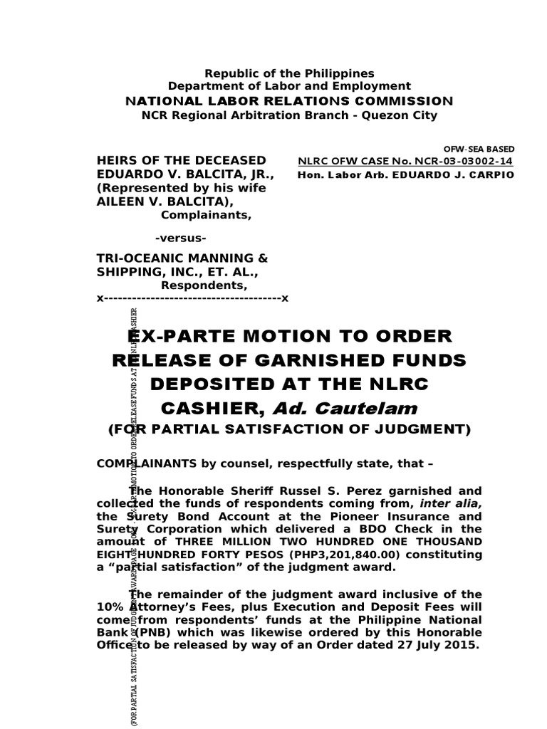Ex-Parte Motion To Order Release - NLRC Cashier Partial-1 | PDF ...