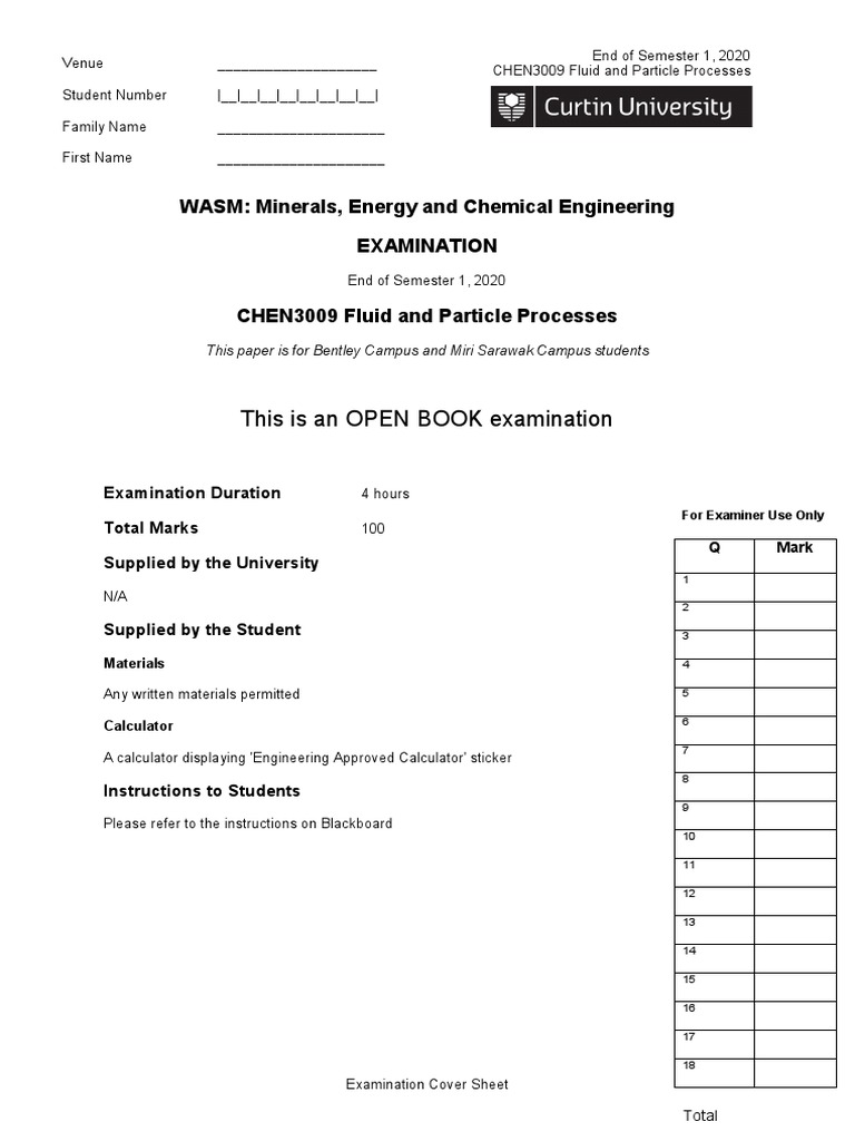 CHEN3009 Final Exam - Example Paper | PDF | Centrifuge | Filtration