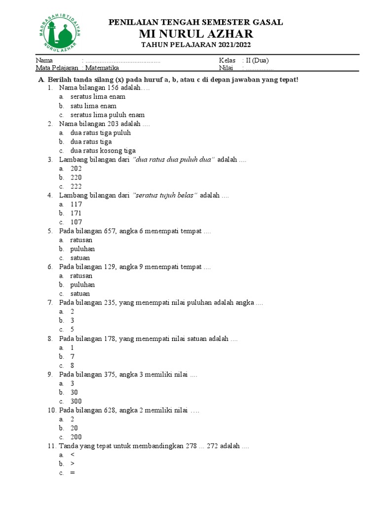 Soal PTS MTK Kelas 2 | PDF