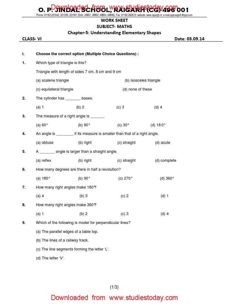 Class 6 Geometry Worksheet | PDF | Angle | Triangle