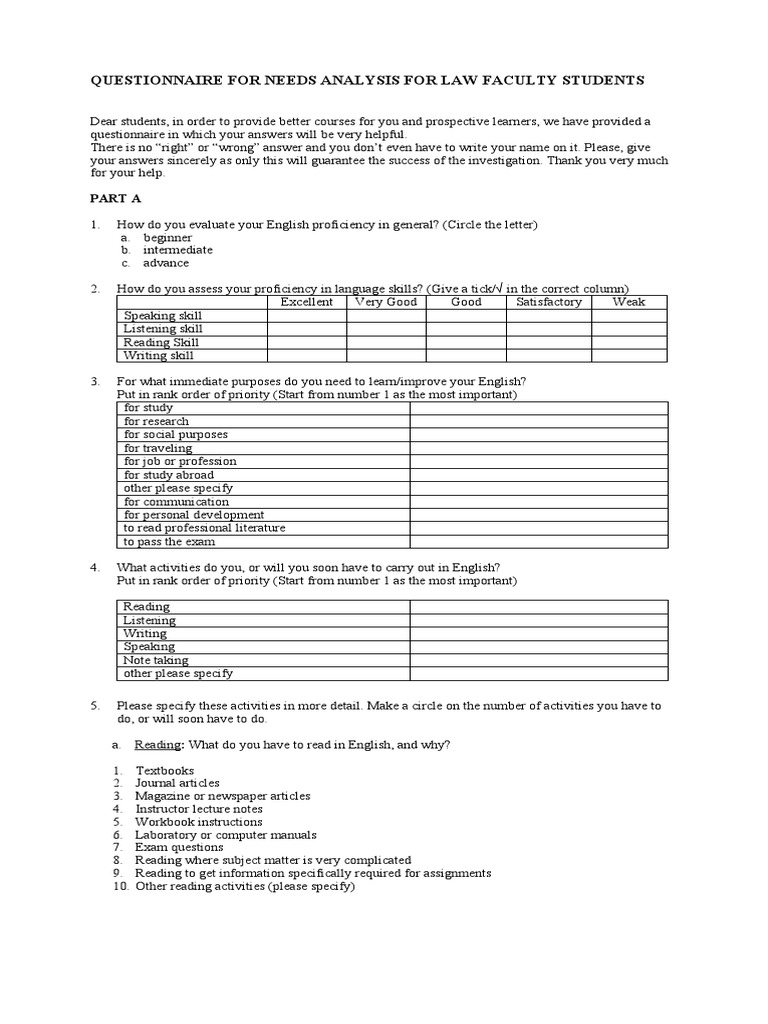 Instruments For Needs Analysis | PDF | English Language | English As A ...