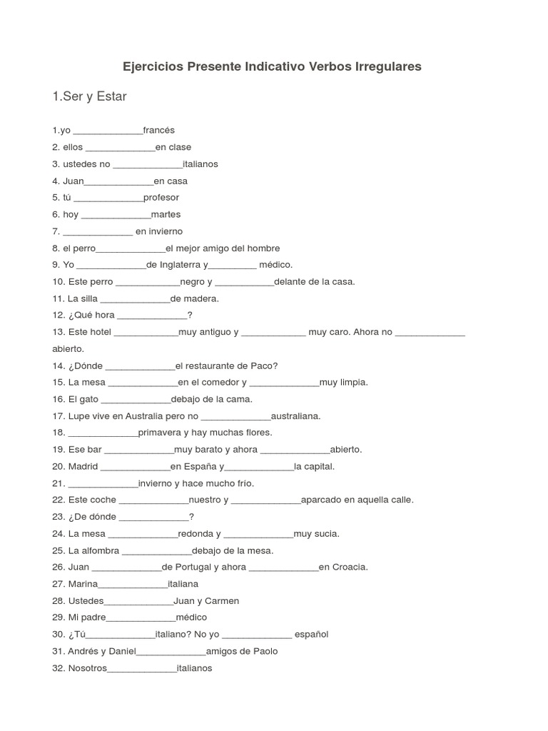 Ejercicios Presente Indicativo Verbos Irregulares | PDF