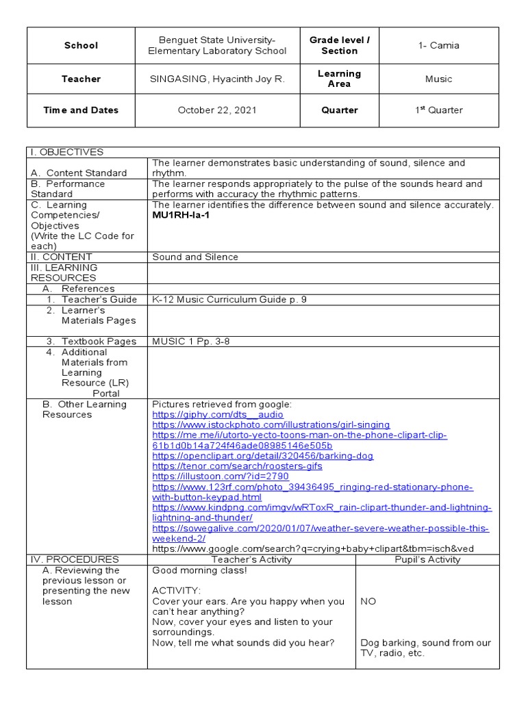 Music Lesson Plan Grade 1 Quarter 1 | PDF | Learning | Rhythm