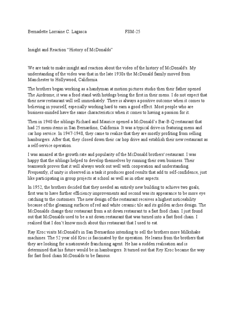 McDonalds History (Insight and Reaction) | PDF | Mc Donald's | Fast ...