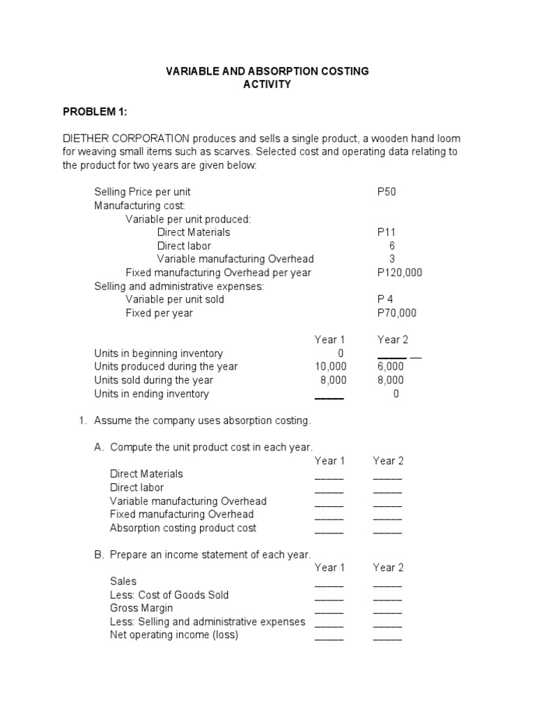 Variable and Absorption Costing Activity | PDF | Cost Of Goods Sold | Gross Margin