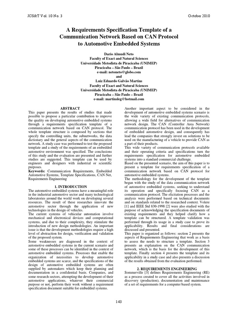 Requirements Specification Template for CAN-Based Automotive Communication Networks | PDF ...
